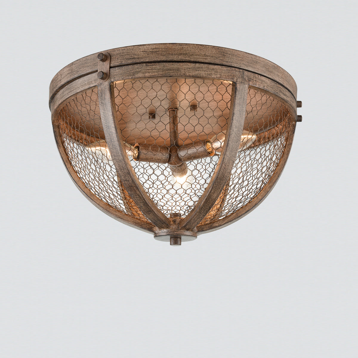 Vintage Wood Grain Metal Cage Flush Mount Ceiling Light With 3-Lights ...