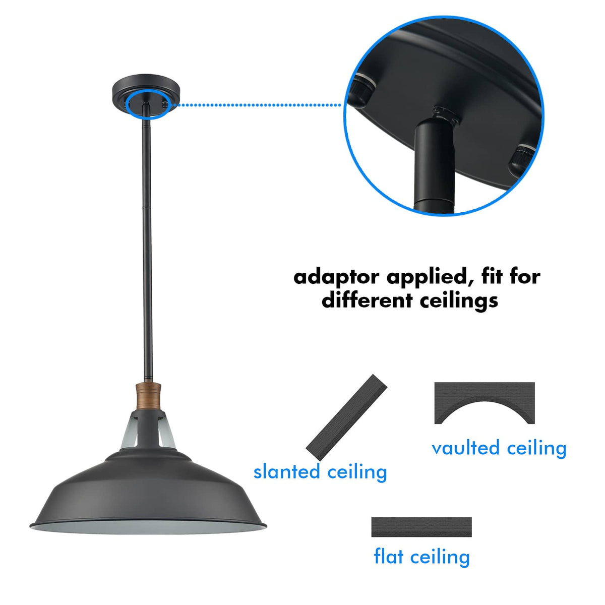 Industrial Barn Pendant Light Rod Adjustable Kitchen Lighting Black ...