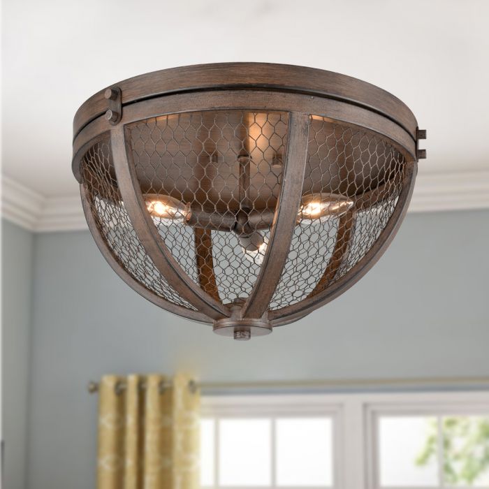 Vintage Wood Grain Metal Cage Flush Mount Ceiling Light With 3-Lights ...